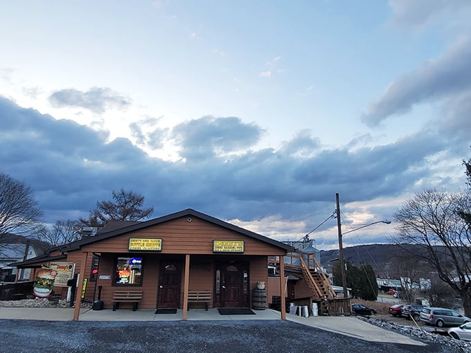 Under these dramatic skies, a delicious and friendly dining experience awaits you at Denny's Beer Barrel Pub.