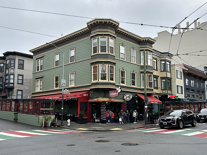 Rain or shine, Tony's distinctive green exterior with red awnings promises a slice of pizza paradise at the heart of North Beach.