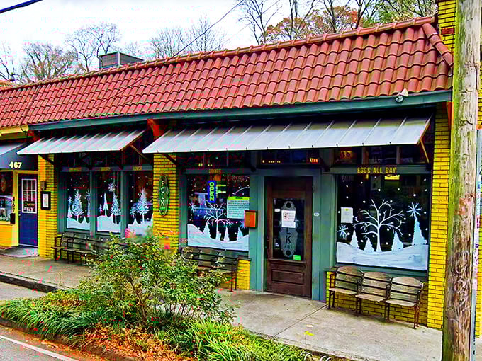 Folk Art's cheerful yellow brick exterior with its distinctive red-tiled roof stands like a breakfast beacon on North Highland Avenue, welcoming hungry visitors to Inman Park.