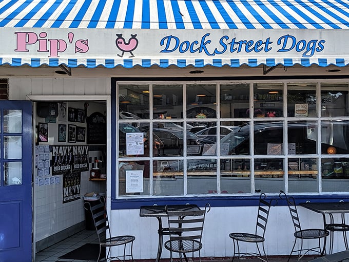 The blue awning and cheerful pink lettering of Pip's beckons like a lighthouse for the hot dog deprived. No fancy frills needed here.