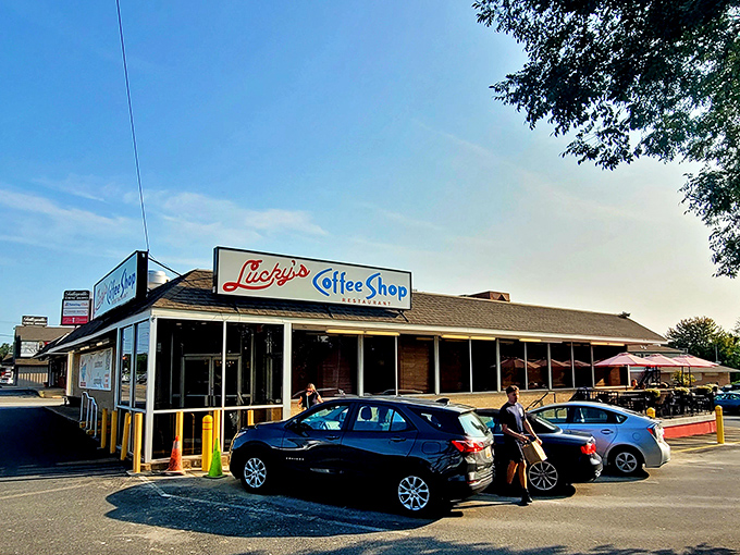 The classic diner exterior of Lucky's Coffee Shop stands as a time capsule of Americana, promising comfort food treasures within those unassuming walls.
