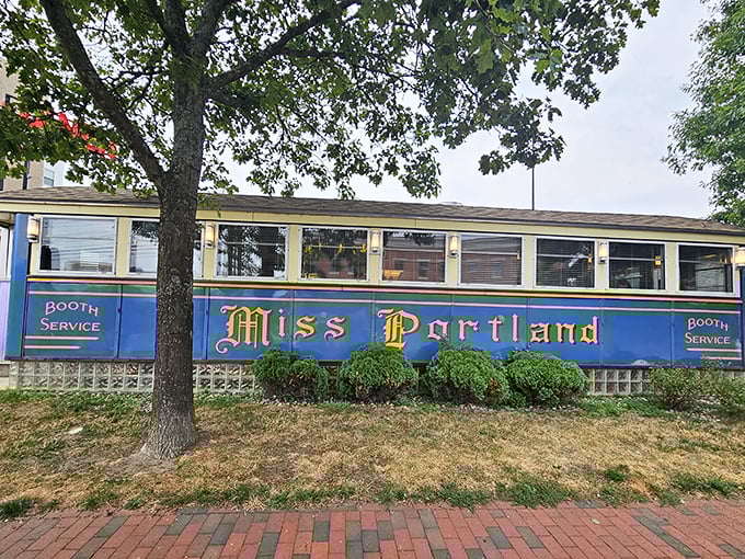 The iconic blue exterior of Miss Portland Diner stands as a time capsule on wheels, promising comfort food that transcends decades. Like finding a vintage Cadillac that serves pancakes.