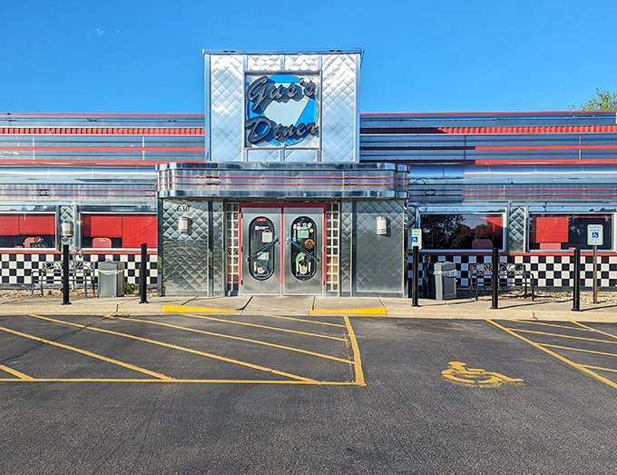 The gleaming stainless steel exterior of Gus's Diner shines like a beacon of breakfast hope on even the cloudiest Wisconsin morning.