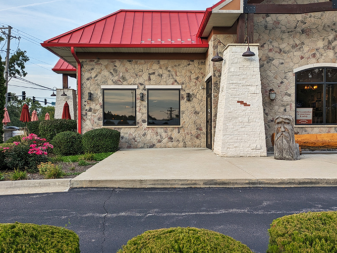 Nature meets nurture at Riverview's entrance, where manicured shrubs and that rustic stone exterior promise a dining experience worth writing home about.