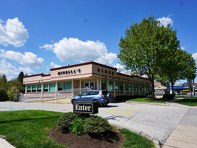 Classic Americana stands proudly on Lancaster Avenue. Minella's pink-and-cream exterior promises comfort food salvation for hungry travelers and locals alike.