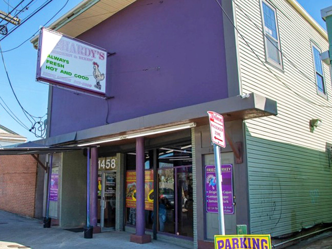 The purple building stands out like a beacon of fried chicken salvation on Broad Street. McHardy's modest exterior hides culinary treasures within.