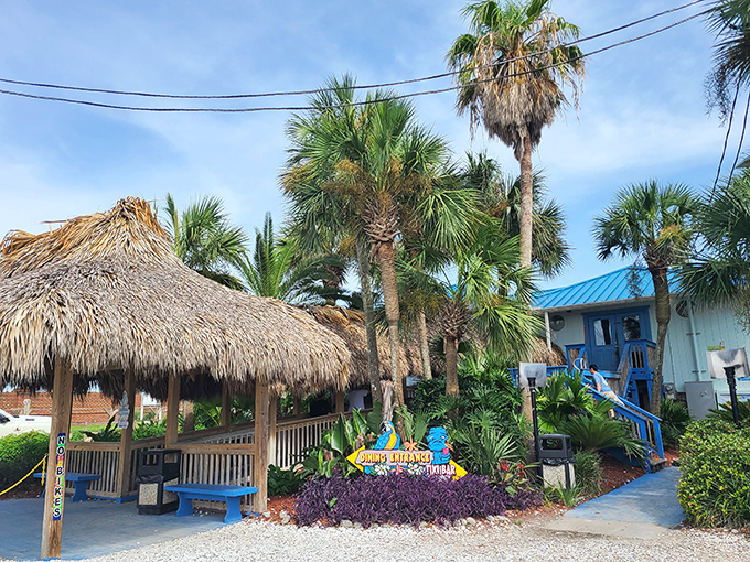 Paradise found! A thatched-roof tiki hut welcomes beach wanderers to this tropical oasis where palm trees sway in rhythm with the Gulf breeze.