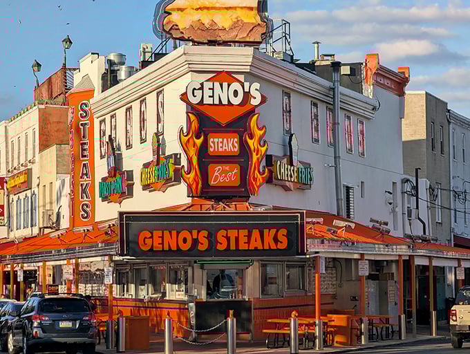 The neon-lit corner of culinary dreams! Geno's iconic orange and blue signage stands as Philadelphia's Vegas-style beacon for sandwich pilgrims.