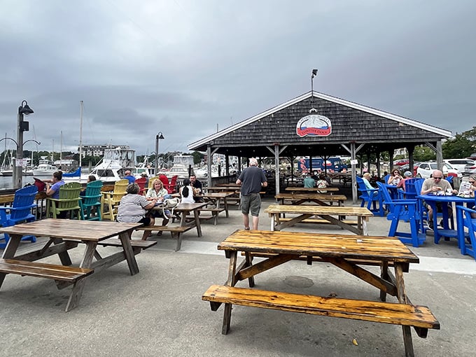 Picnic tables with a million-dollar view. The covered dining area offers shelter from the elements while you commune with both seafood and scenery.