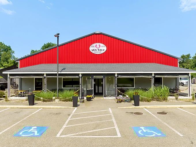 The bright red barn-like exterior of Sea Salt Lobster stands out like a beacon for seafood lovers. Maine's coastal charm without the kitsch.