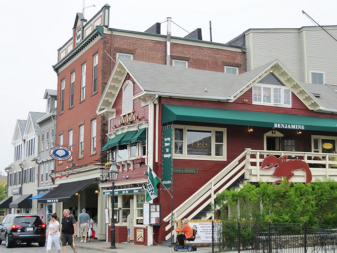 The distinctive brick fa&ccedil;ade and green awnings of Benjamin's create an unmistakable Newport landmark for hungry travelers.