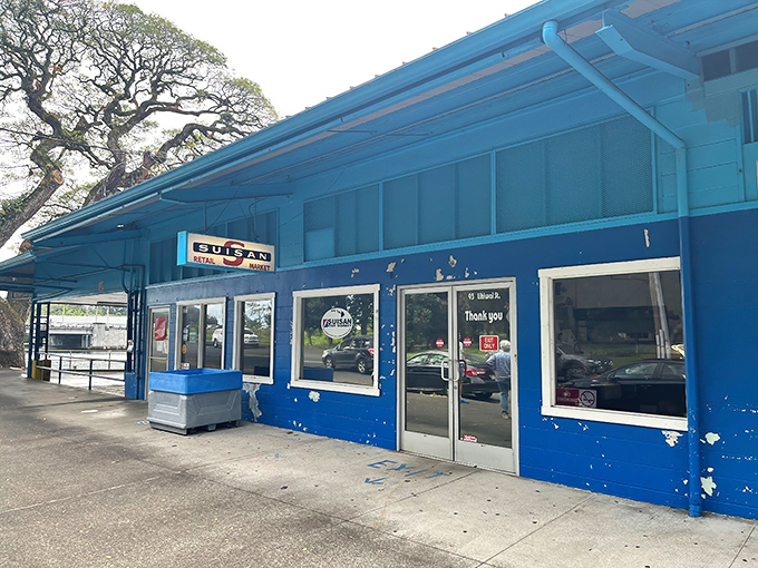 Morning light catches the simple blue facade where seafood dreams come true for locals and visitors alike.