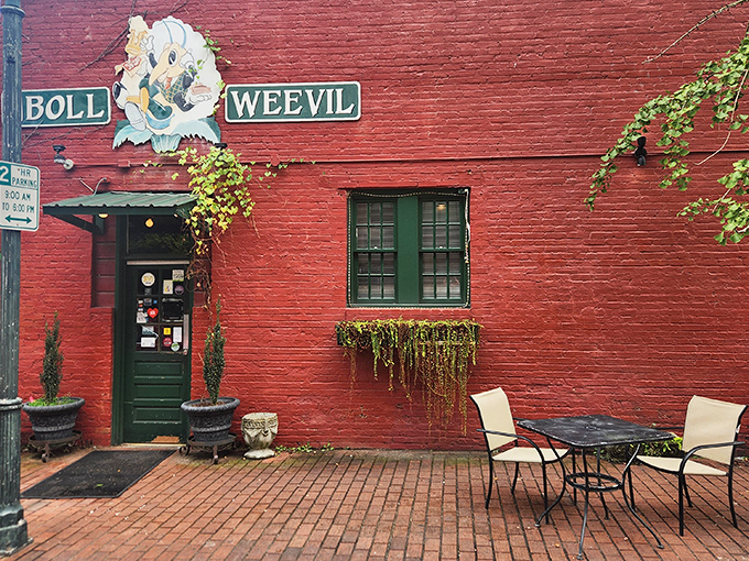 The vibrant red brick exterior of Boll Weevil stands out like a dessert-lover's beacon in downtown Augusta.