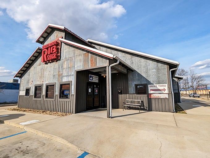 The unassuming metal exterior of Rib Shack in Corinth might fool you, but that red sign is basically a smoke signal saying "barbecue paradise found."