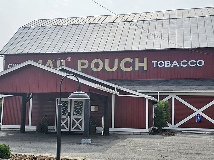 The iconic red barn exterior with its windmill and vintage "Mail Pouch Tobacco" sign stands as a beacon for hungry travelers&mdash;rural Americana at its most delicious.