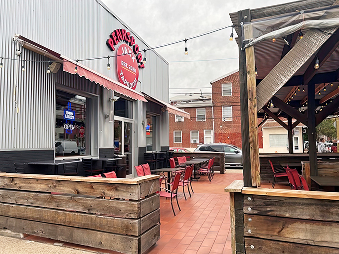 Outdoor seating at Jaxx offers the perfect perch for people-watching while debating life's important questions, like "Whiz or provolone?"