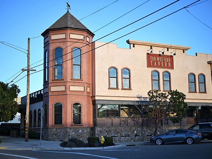 The iconic turret of Far Western Tavern stands like a sentinel guarding culinary treasures within. California ranch heritage in architectural form.