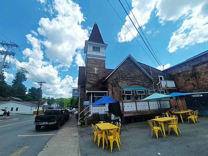 Stained glass and stone walls frame this breakfast sanctuary, where the only thing more uplifting than the architecture is the coffee.
