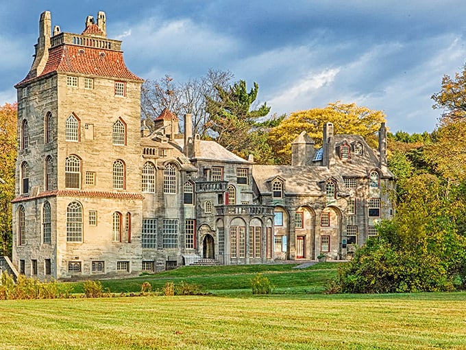 Autumn transforms Fonthill into a fairytale vision, its stone towers and quirky rooflines playing hide-and-seek with golden foliage like a game of architectural peek-a-boo.