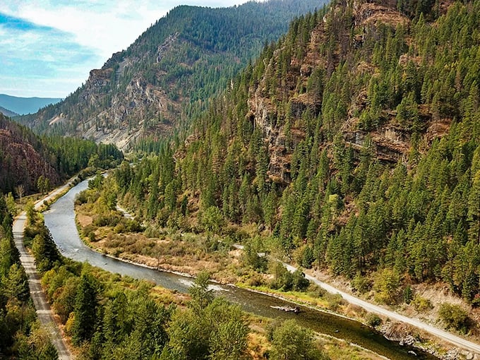 Nature's grand architect at work: The Thompson River carves its sinuous path through Montana's rugged landscape, creating a scene worthy of the finest landscape painters.