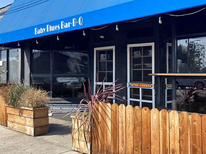 That iconic blue awning signals you've arrived at barbecue nirvana, where California cool meets Southern tradition in delicious harmony.