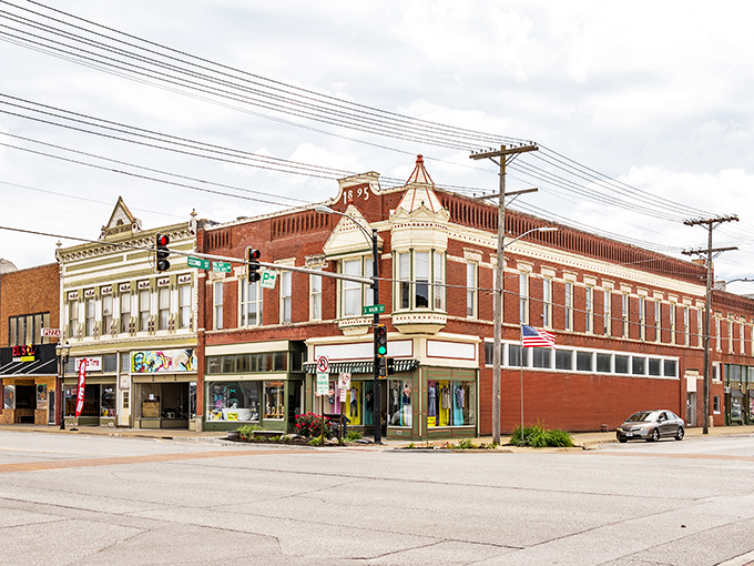Historic charm meets small-town practicality at this corner building, where retirement dreams find their architectural equivalent in ornate cornices and practical storefronts.