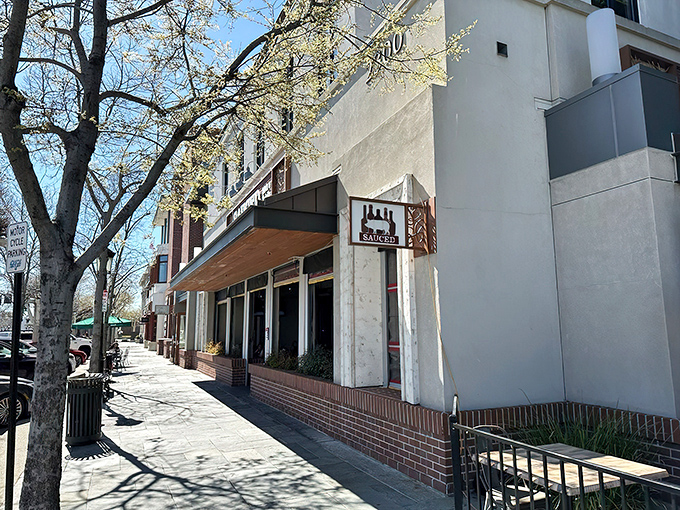 Nestled in downtown Livermore, Sauced's exterior blends seamlessly with the charming streetscape while hinting at the Southern comfort waiting inside.