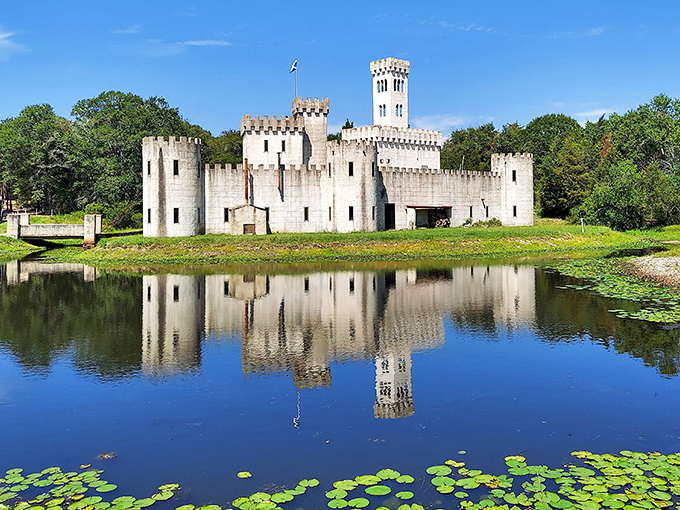 This aerial view reveals Newman's Castle in all its medieval glory, complete with towers and lake views.