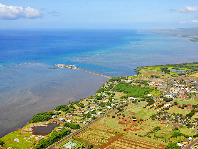 Kaunakakai from above reveals its true character &ndash; a place where the ocean meets small-town charm in perfect Hawaiian harmony.
