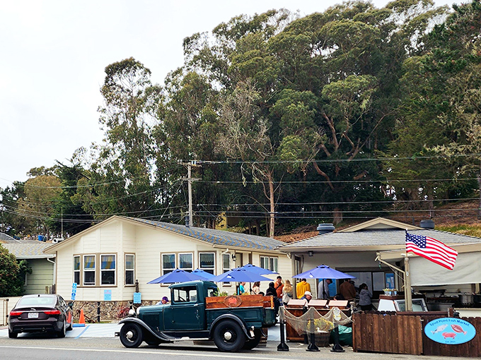 The humble coastal headquarters of chowder perfection, where eucalyptus trees stand guard and picnic tables promise seafood salvation to all who make the pilgrimage.