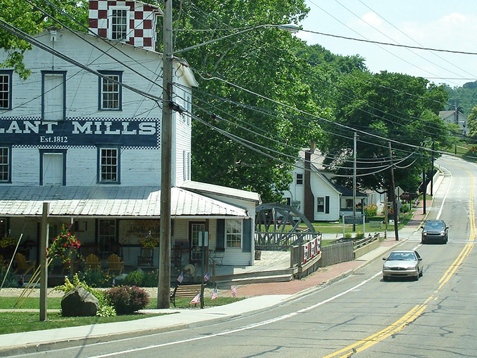 The historic Volant Mills stands proudly as the town's anchor, its weathered facade a testament to Pennsylvania's agricultural heritage and now home to treasures worth exploring.