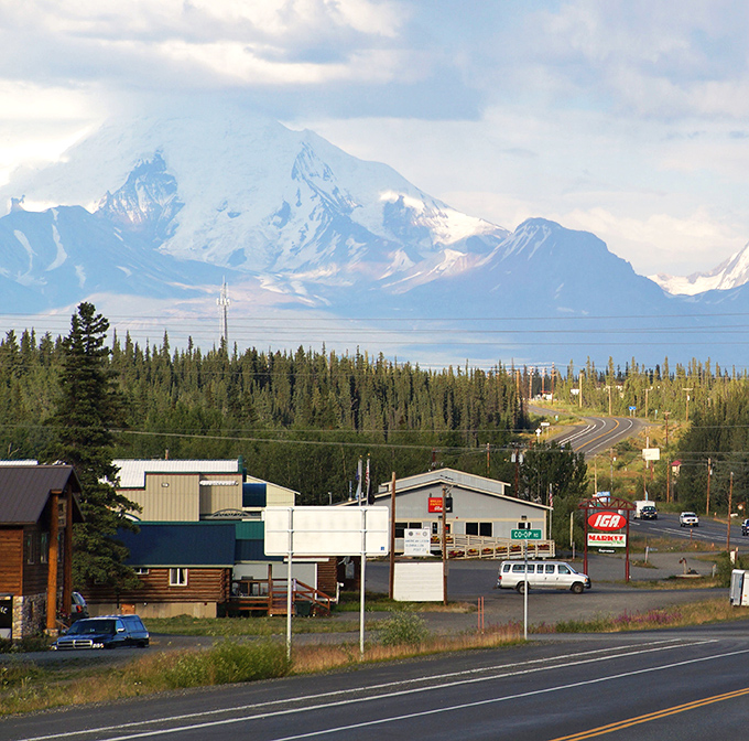 Nature's skyscrapers outshine human construction every time. Glennallen's modest buildings seem to bow in reverence to the majestic snow-capped peaks that dominate the horizon.