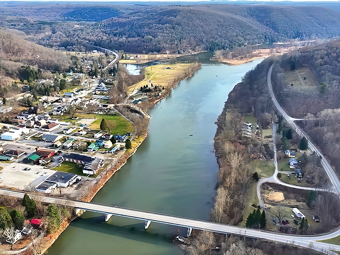 Where rivers meet and time slows down&mdash;Tionesta's aerial view showcases the perfect marriage of small-town charm and nature's grandeur along the Allegheny.