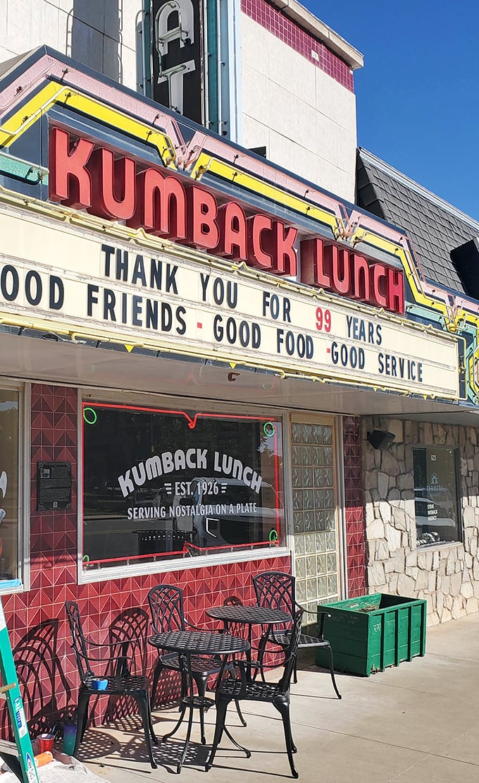 The iconic marquee of Kumback Lunch stands as a beacon of culinary nostalgia in downtown Perry, promising good friends, good food, and good service for nearly a century.