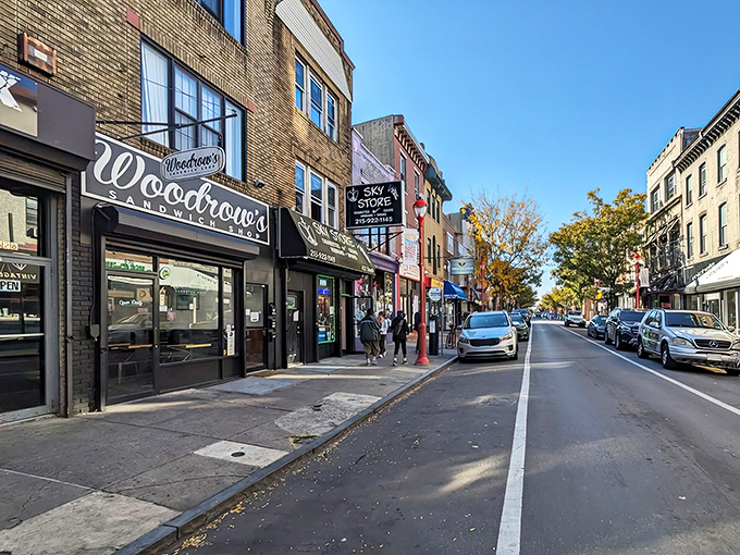 Woodrow's sleek storefront on South Street stands like a sandwich sanctuary amid Philadelphia's urban bustle, promising delicious refuge from hunger pangs.