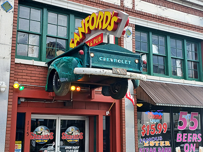That vintage Chevy truck bursting through the wall isn't compensating for anything&mdash;Sanford's food speaks volumes without the architectural acrobatics.