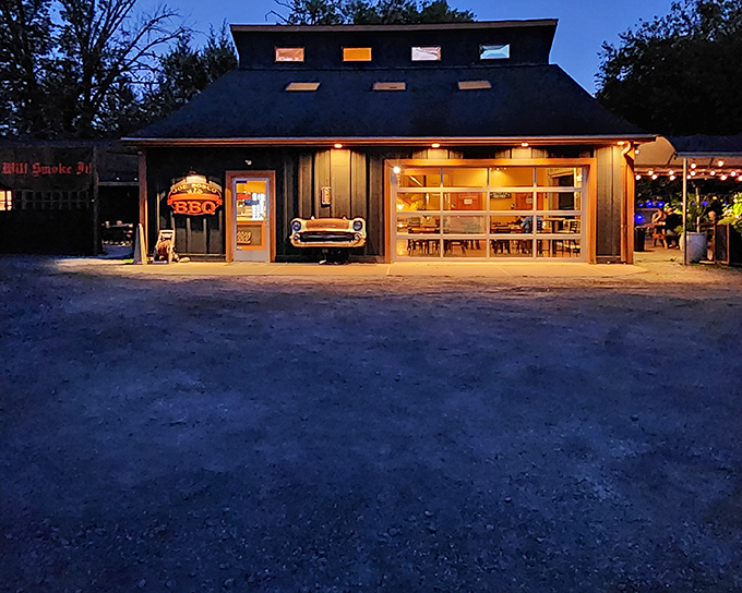 Night falls, but barbecue rises. Joe Bosco's blue exterior with that classic car front end mounted on the wall tells you this place means business.