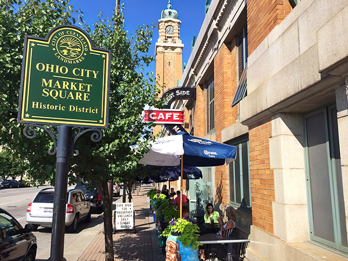 The iconic neon sign beckons hungry travelers like a lighthouse for the breakfast-starved. Ohio City's Market Square Historic District never looked so appetizing.