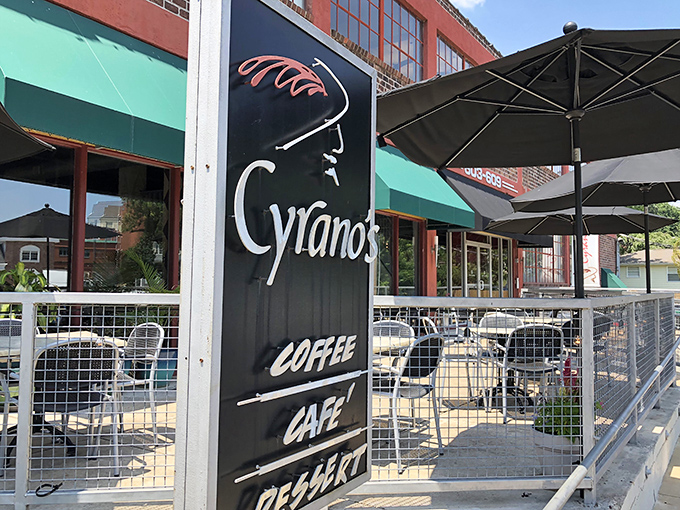 The sign promises Coffee, Cafe, and Dessert&mdash;a holy trinity! This patio is perfect for savoring some killer chicken parm.