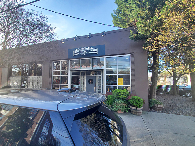 A wider view reveals the diner's unassuming brick exterior. Like all great food destinations, it doesn't need flash&mdash;the magic happens inside those doors.