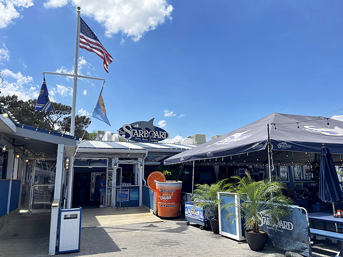 The Starboard stands ready for action, its blue exterior as inviting as a cool ocean breeze on a hot day.