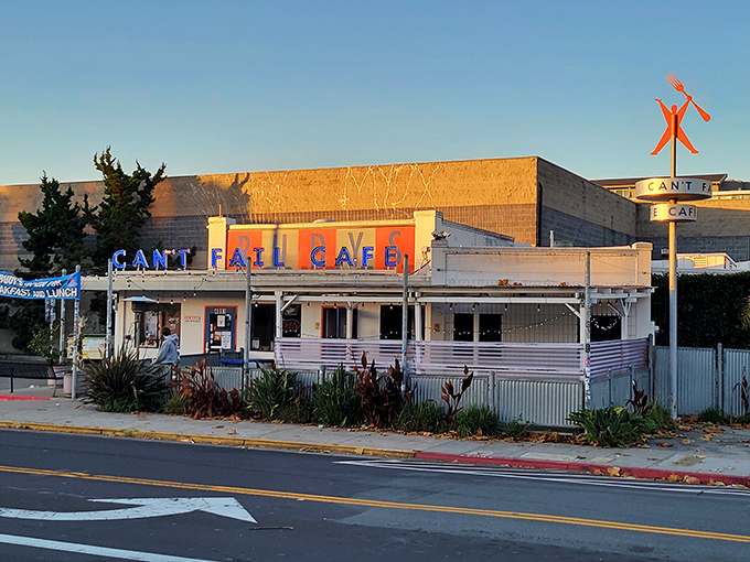 The neon-lit promise of "CAN'T FAIL" glows against the California sky&mdash;a beacon for hungry souls and breakfast enthusiasts alike.