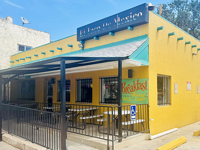The sunshine-yellow exterior of El Taco De Mexico stands as a beacon of hope for breakfast burrito enthusiasts, promising authentic flavors behind its modest facade.