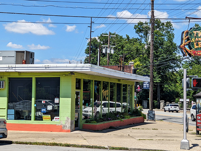 Viewed from another angle, this unassuming corner spot has witnessed decades of Louisville life, its cheerful facade a constant while the Highlands neighborhood evolved around it.