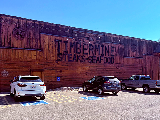 The rugged wooden exterior of Timbermine Steakhouse stands like a time portal to Utah's mining era, promising carnivorous delights within those timber walls.