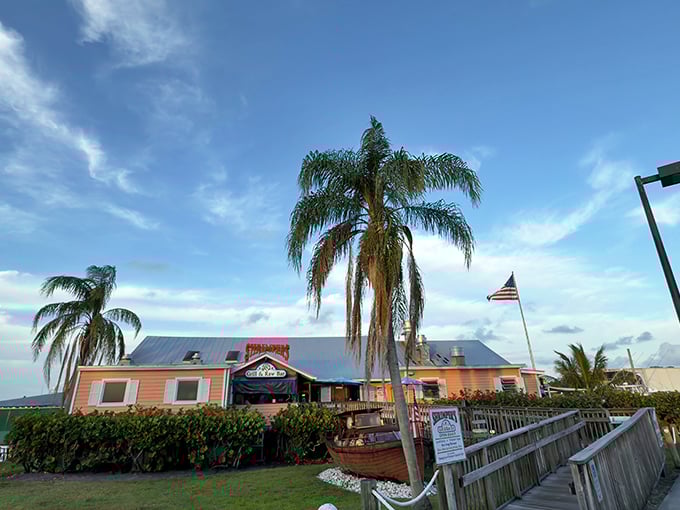 Paradise found! Shrimpers' coral-colored exterior and swaying palms create that perfect "I've discovered something special" Florida moment.