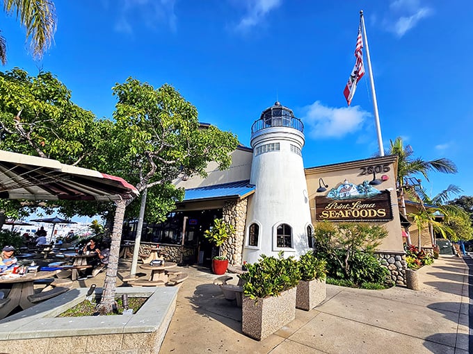 The lighthouse-inspired exterior isn't just for show&mdash;it's a beacon calling seafood lovers home to this San Diego institution.