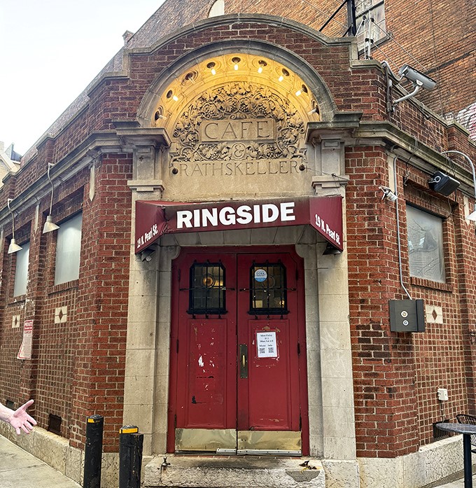 The historic fa&ccedil;ade whispers "Rathskeller" above the Ringside name, a hint at the building's storied past and your delicious future.