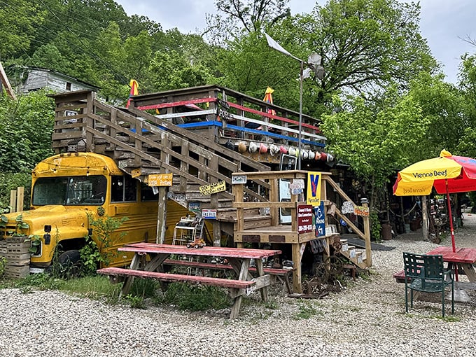 Where rustic charm meets culinary adventure: Hillbilly Hot Dogs' wooden deck and yellow school bus create an unforgettable first impression that screams "only in West Virginia!"