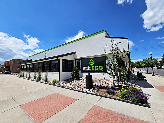Morning sunshine bathes Epic Egg's welcoming fa&ccedil;ade, where thoughtful landscaping and Wyoming's brilliant blue skies create the perfect prelude to breakfast bliss.